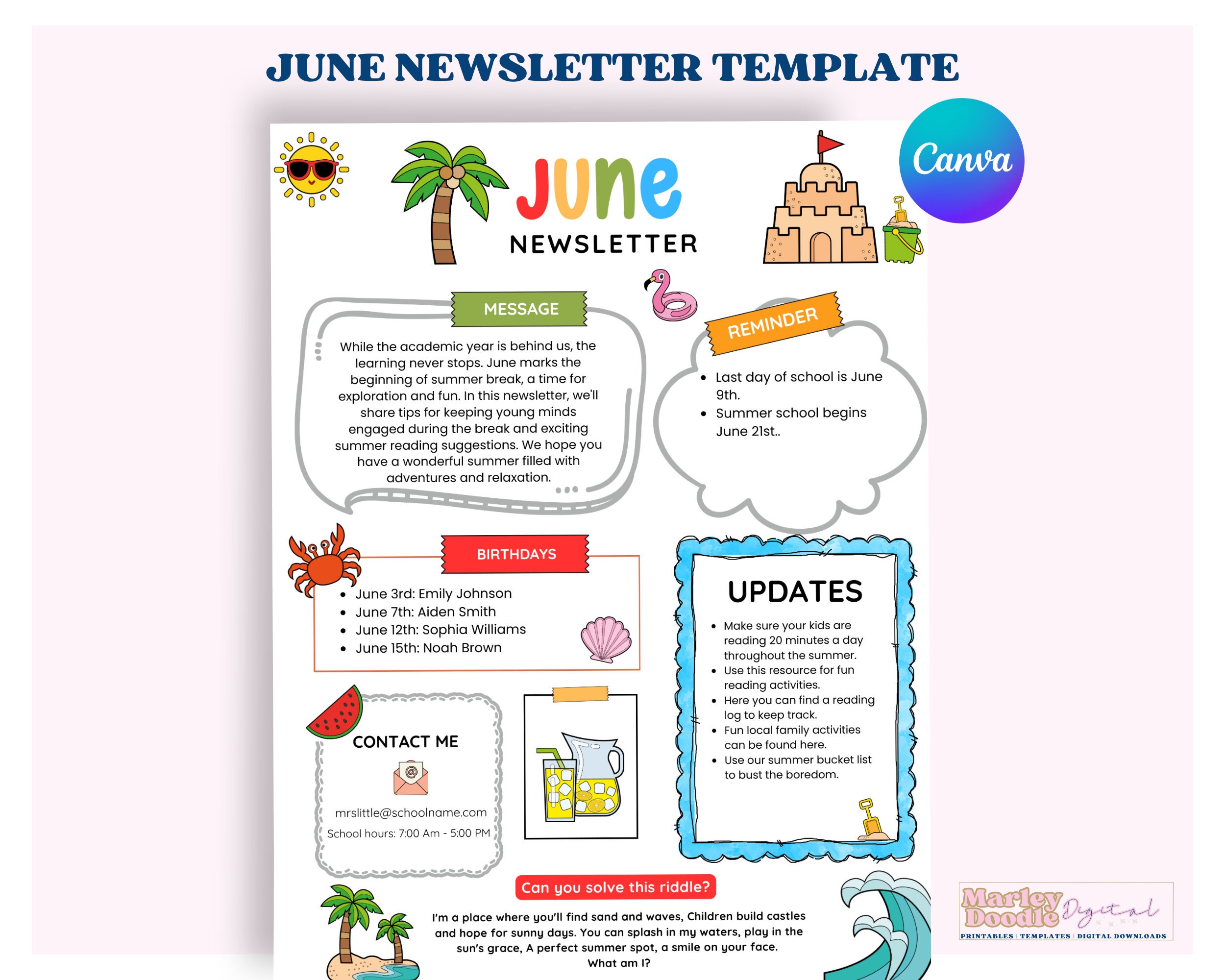 June Newsletter Template, Summer Newsletter, Teacher Template, PTO ...
