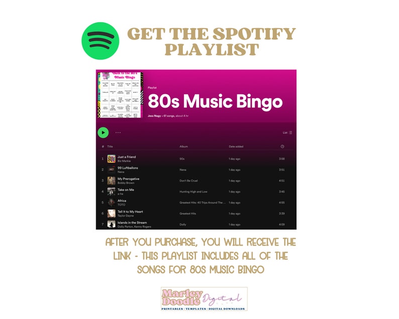 80s Music Bingo: 60 Printable Cards, 80s Party Game Includes Spotify ...