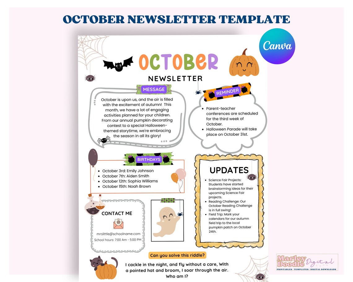 October Halloween Newsletter Template: School, Teacher, PTO (canva ...