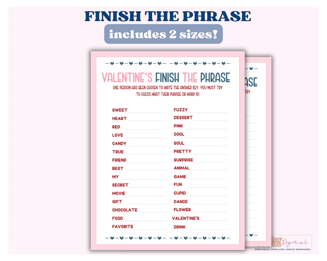 Valentines Day Finish the Phrase Game, School Valentine Party Printable ...