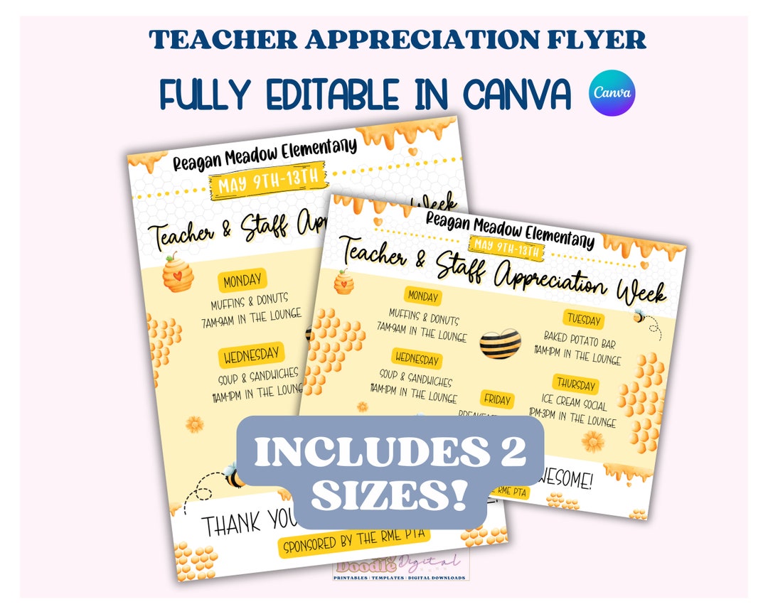 Editable Teacher Appreciation Week Itinerary: Bee Theme Flyer (canva ...