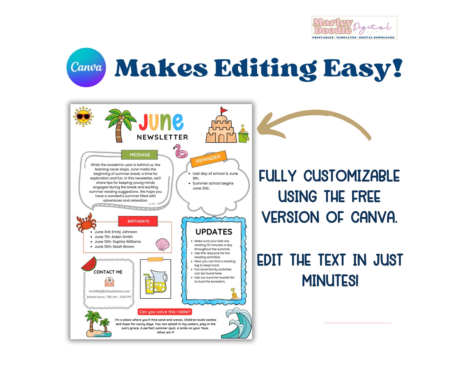 June Summer Newsletter Template: Editable Canva Design (digital ...