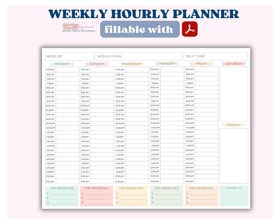 Weekly Hourly Planner Printable: Undated Schedule, To-do List (digital ...