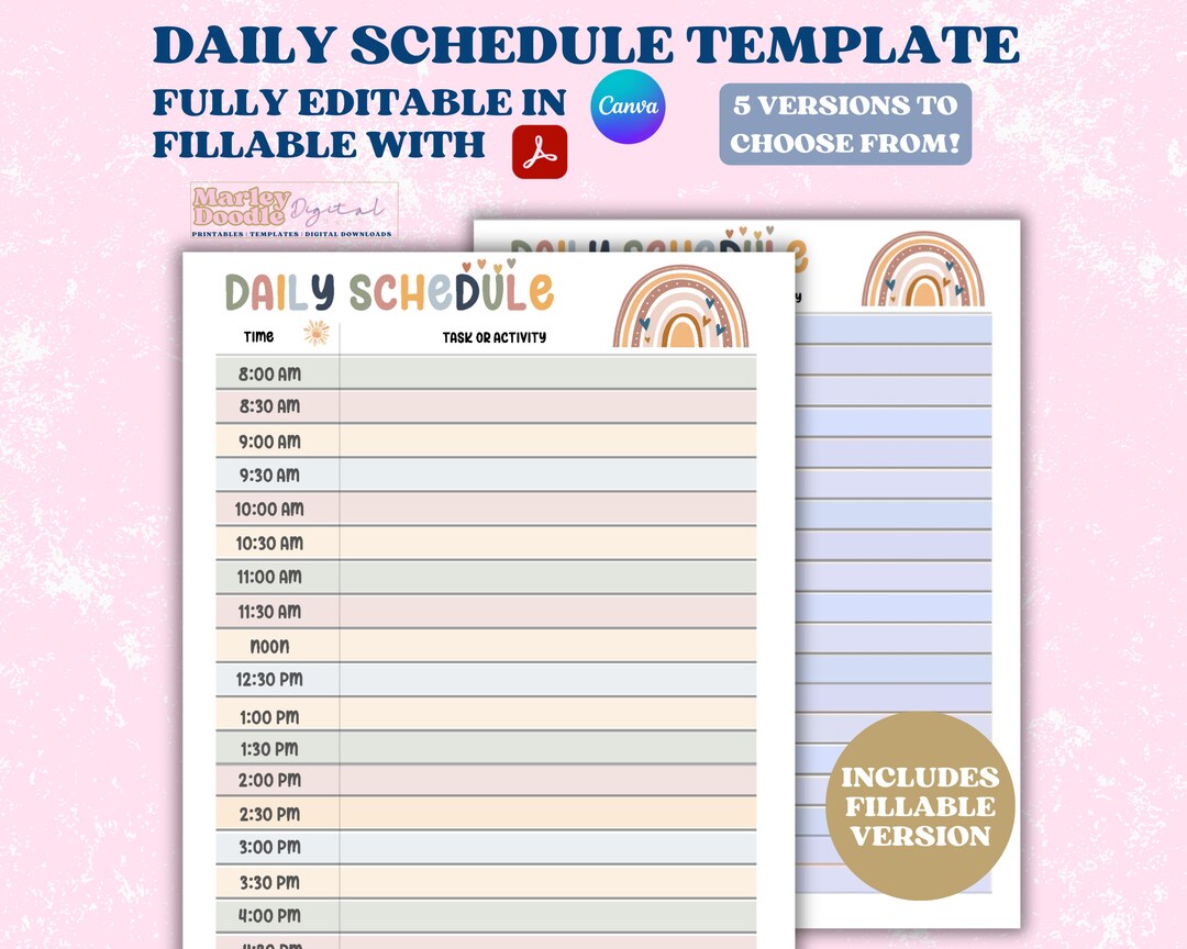 Toddler Daily Schedule Template: Editable, Fillable, Hourly (digital ...