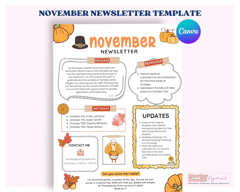 November Newsletter Canva Template: Fall Theme, School & PTO (digital ...