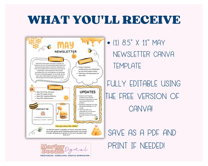 May Bee Newsletter Template: School, Teacher, PTO (canva, Digital ...
