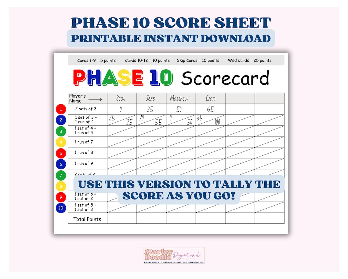 Printable Phase 10 Score Sheets: Card & Dice Game (PDF) - Etsy