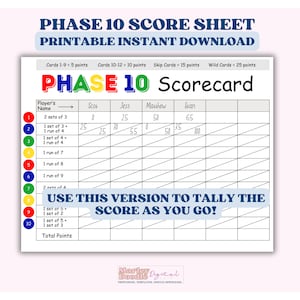 Printable Phase 10 Score Sheets: Card & Dice Game (PDF) - Etsy