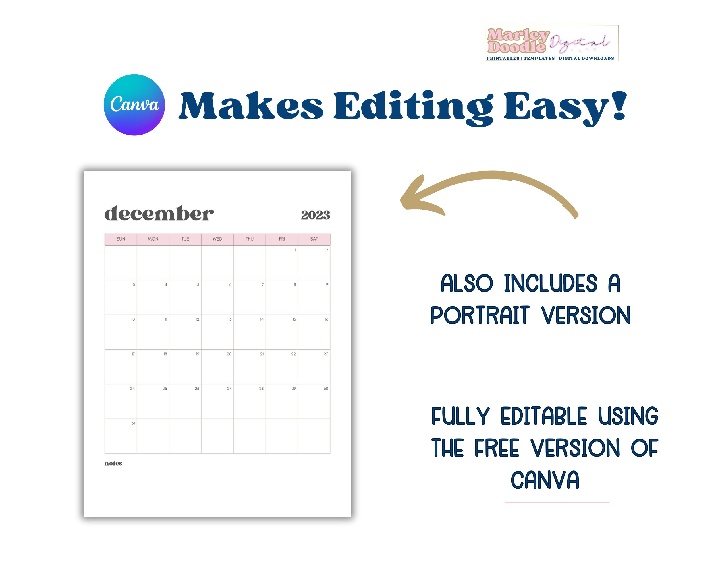 Editable December 2023 Calendar Template, Canva Calendar Template ...