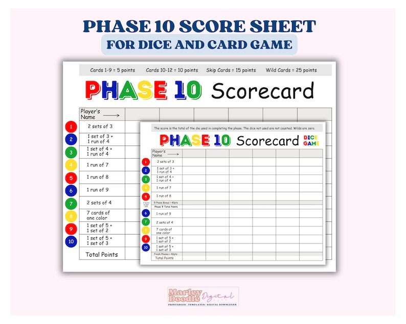 Printable Phase 10 Score Sheets: Card & Dice Game (PDF) - Etsy