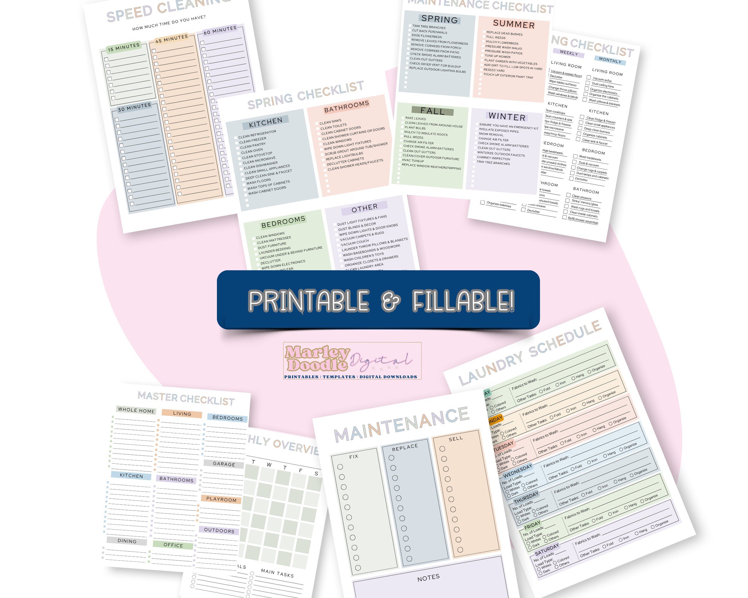 Printable Cleaning Checklist Bundle, Cleaning Planner Inserts, Deep ...