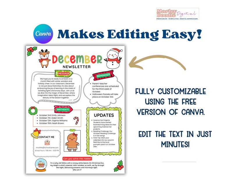 December Newsletter Template: Holiday Classroom PTO (canva Editable ...