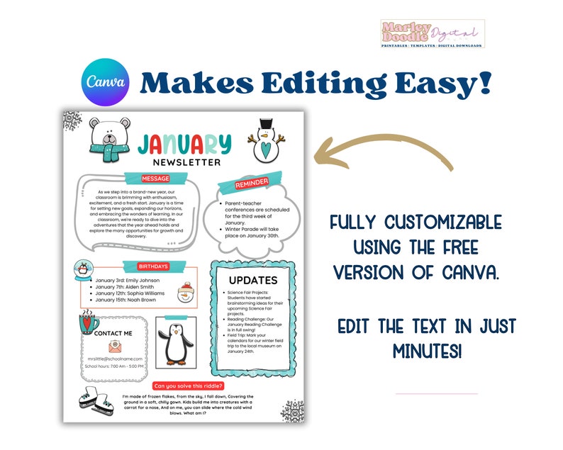 January Newsletter Template, Winter Newsletter, Teacher Template, PTO ...