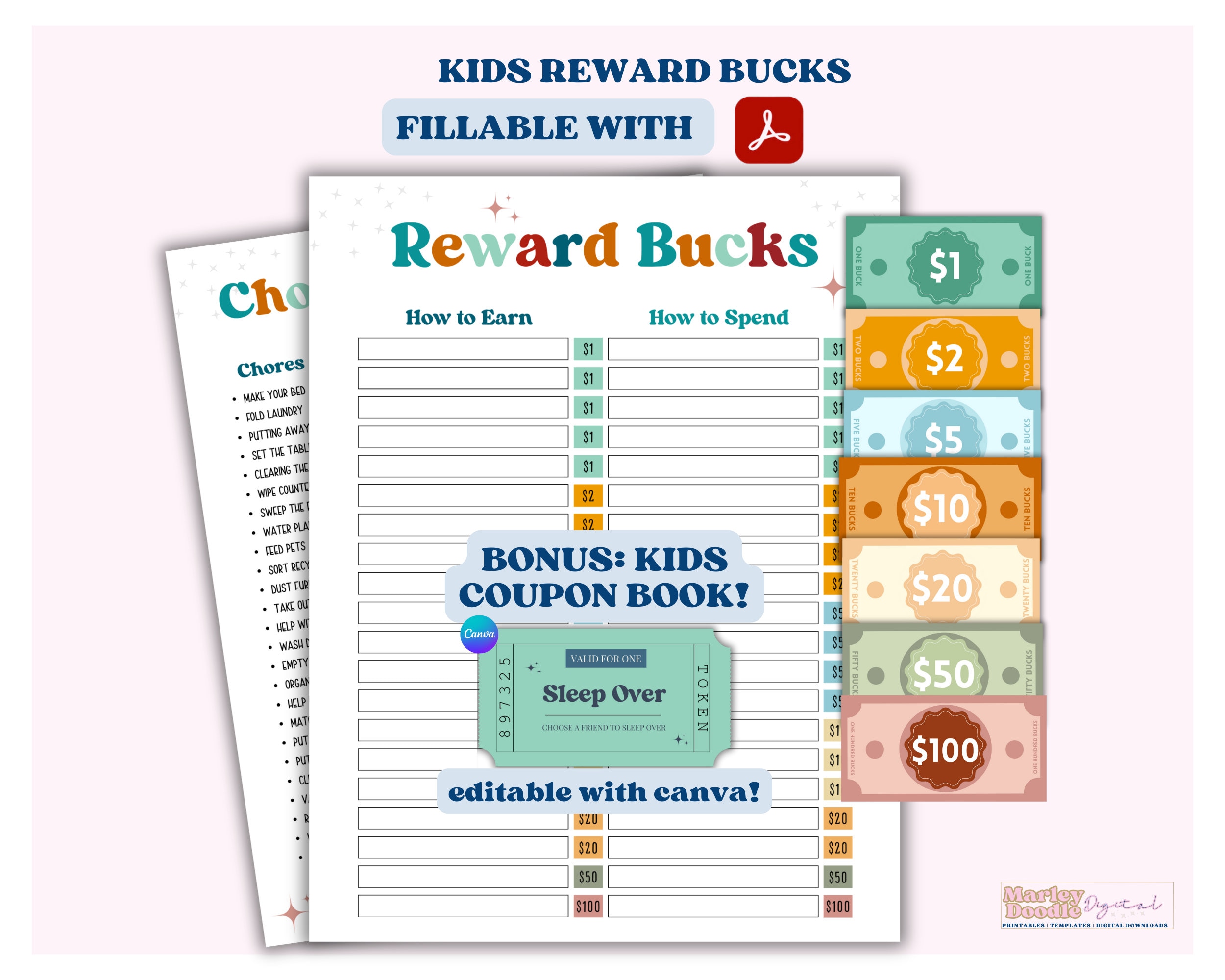 Kids Reward Bucks: Fillable Chore Chart & Editable Coupon Book - Etsy