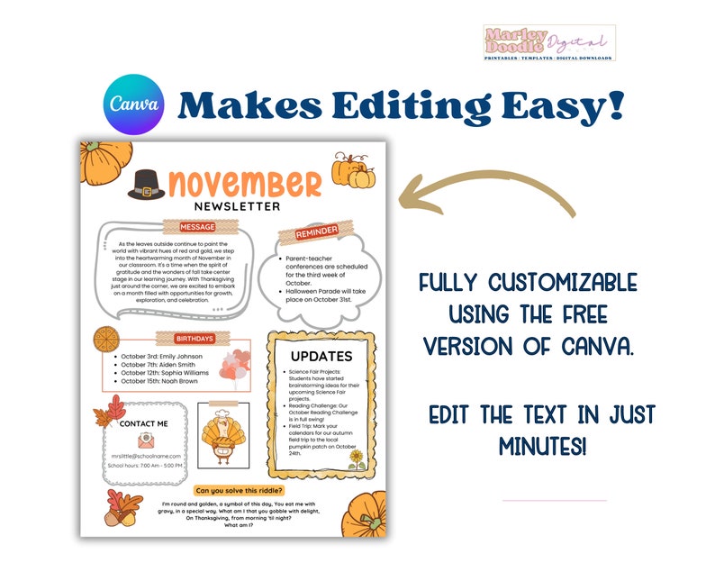 November Newsletter Canva Template: Fall Theme, School & PTO (digital ...
