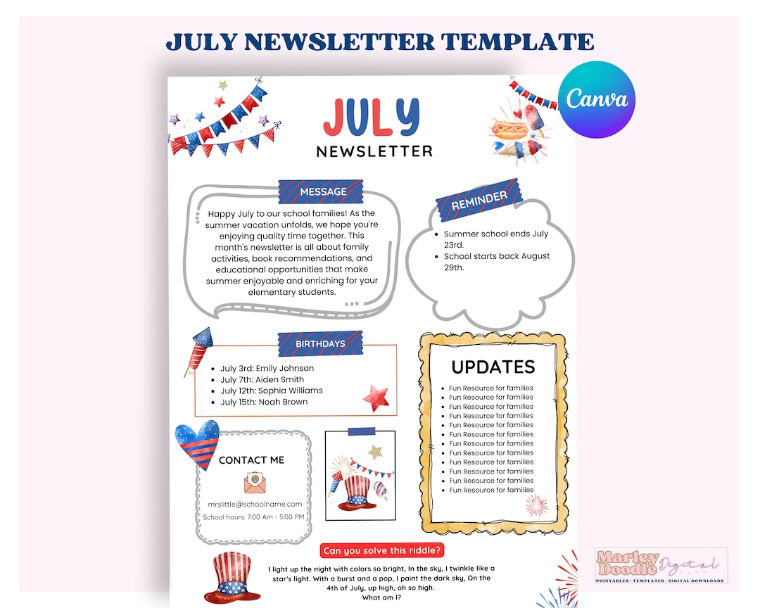 July Newsletter Template, Summer Newsletter, Teacher Template, PTO ...