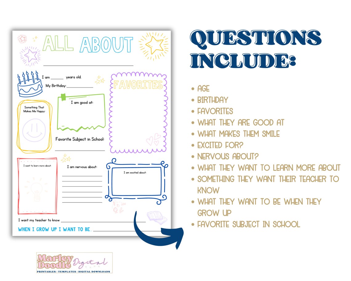 All About Me Template for Kids Preschool Worksheet First Day - Etsy