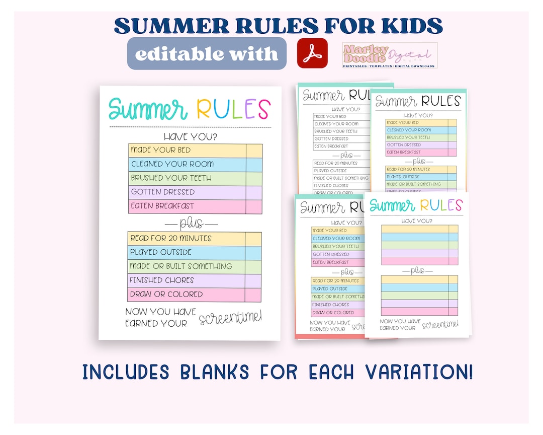 Editable Summer Rules for Limiting Screen Time, Summer Chore Chart ...