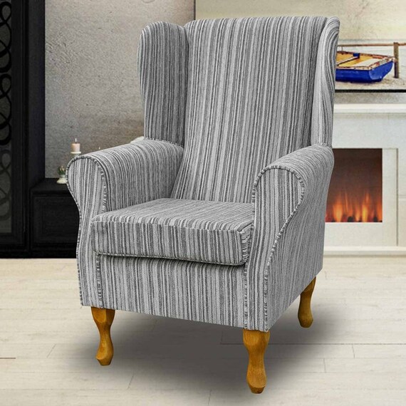 Candy Stripe Grey Fireside Wingback Armchair Maida Vale Upholstered Handmade Luxury Accent Chair British Bespoke Made Etsy
