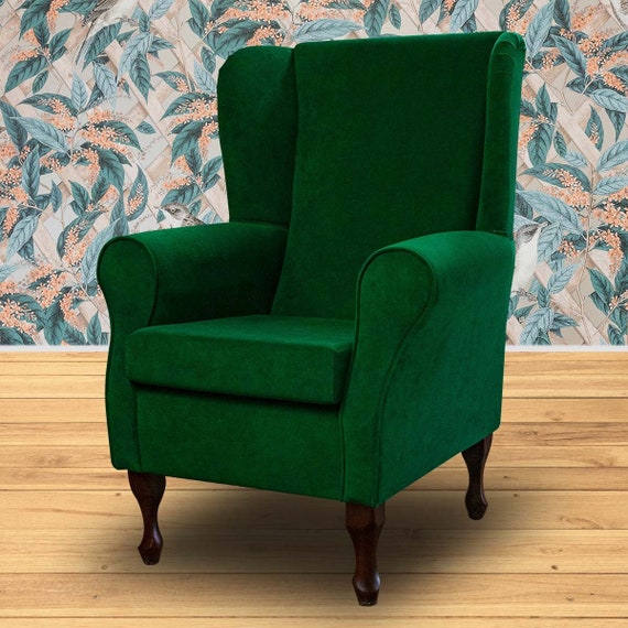 Moss Green Velvet Fireside Wingback Armchair Soft Luxury Accent Chair British Bespoke Made Etsy