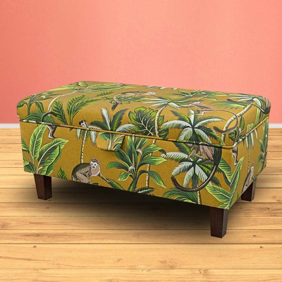 Yellow Tropical Monkey Storage Ottoman Footstool Botanical Fun Funky Luxury Upholstered Rectangle Pouffe British Bespoke Made Etsy
