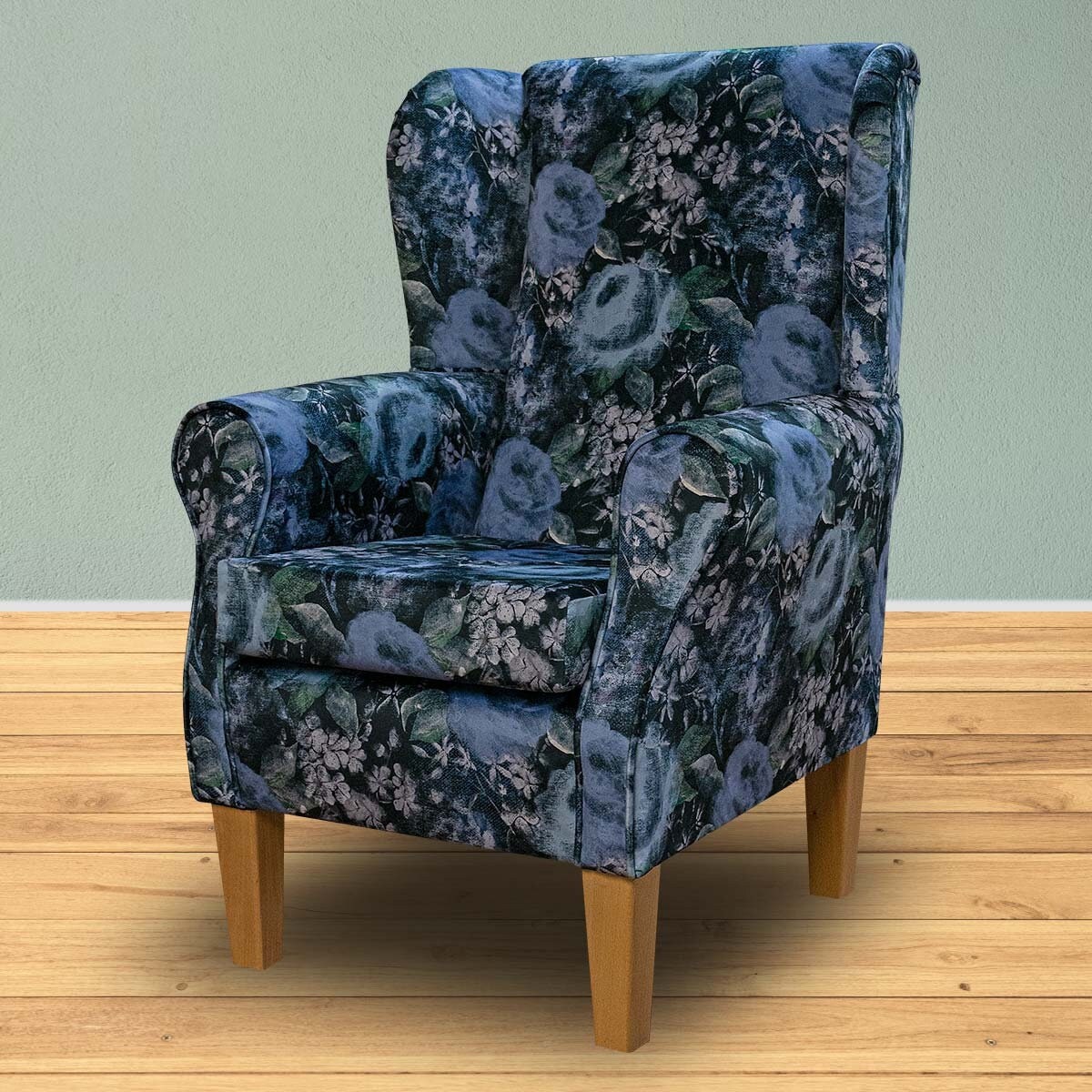 Sapphire Blossom Floral Fireside Wingback Armchair Handmade Velvet Luxury Accent Chair British Bespoke Made Etsy