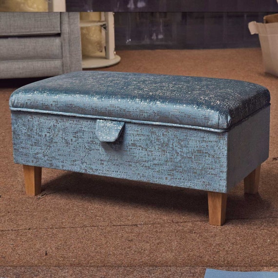 OUTLET Metallic Aqua Fleck Storage Ottoman Footstool Upholstered Rectangle Pouffe British Bespoke Made Etsy