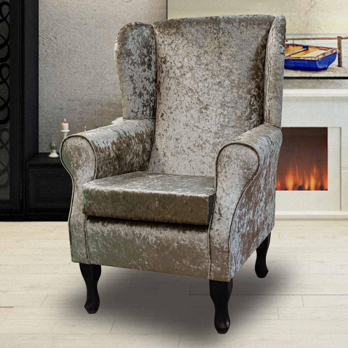 Stone Crushed Velvet Fireside Wingback Armchair Super Soft Luxury Accent Chair British Bespoke Made Etsy