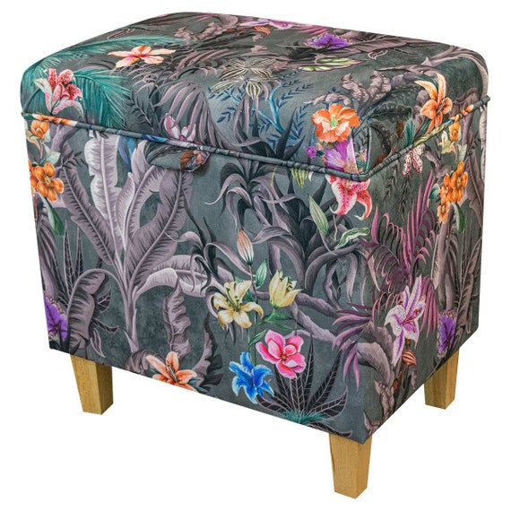 Tall Grey Botanical Storage Ottoman Footstool Luxury Upholstered Rectangle Pouffe British Handmade Etsy UK