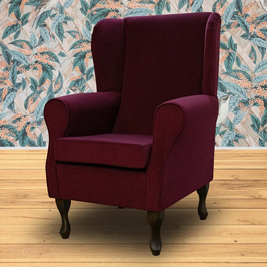 Burgundy Red Velvet Fireside Wingback Armchair | Soft Luxury Accent ...