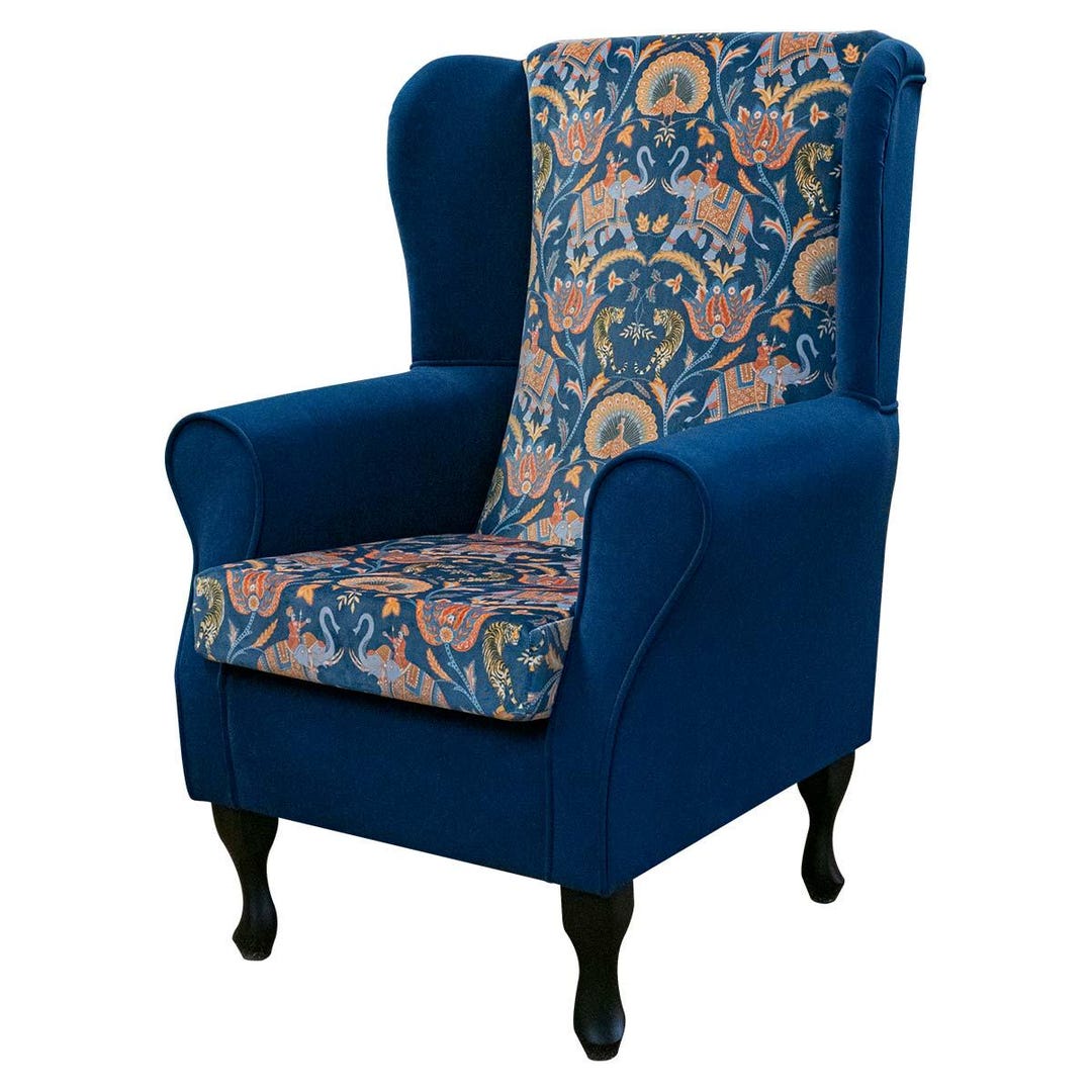 Royal Blue Wingback Armchair | Velvet Oriental Floral Wingback Chair ...