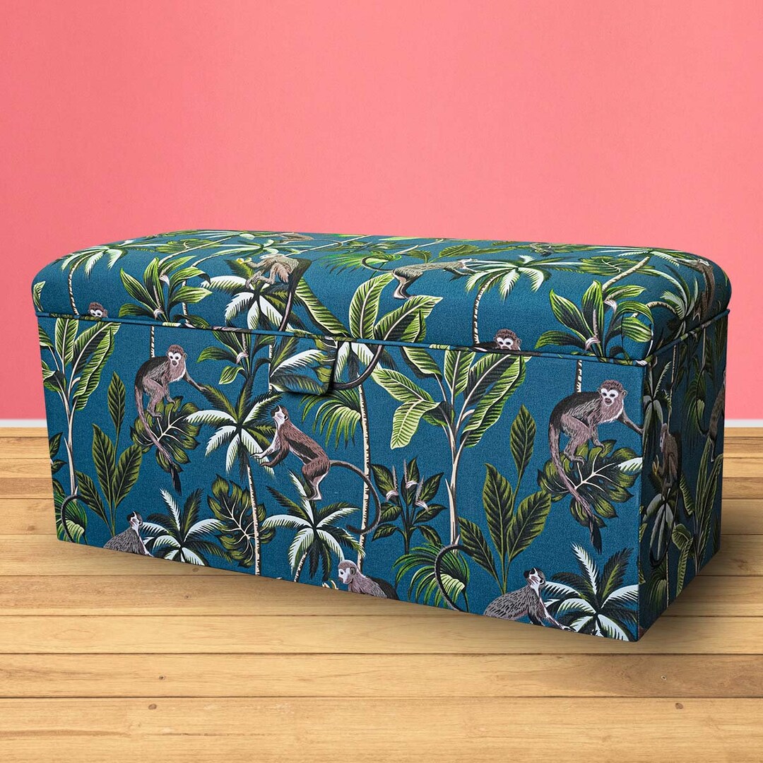 Teal Monkey Tropical Large Storage Bench Handmade Botanical Bedroom ...