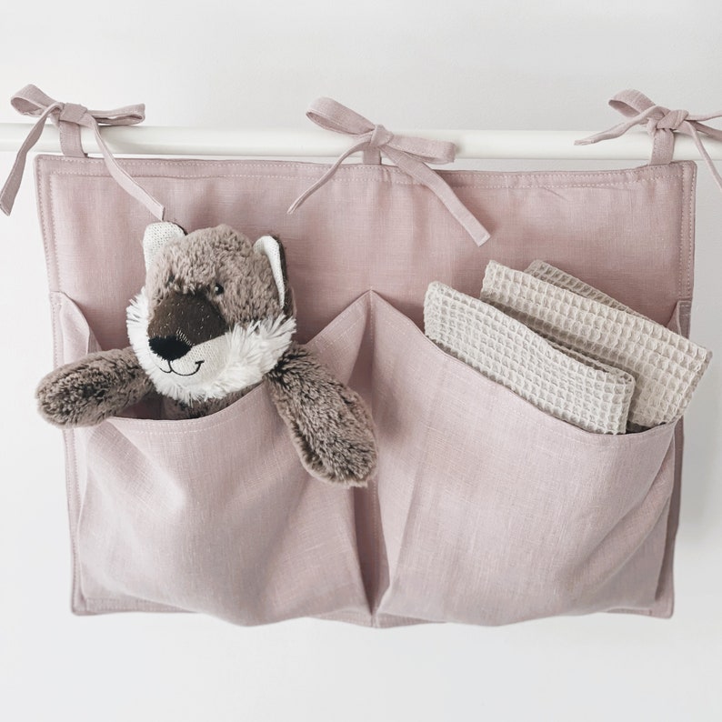 Linen Crib Organizer PINK: Minimalist Baby Crib and Cot Storage ...