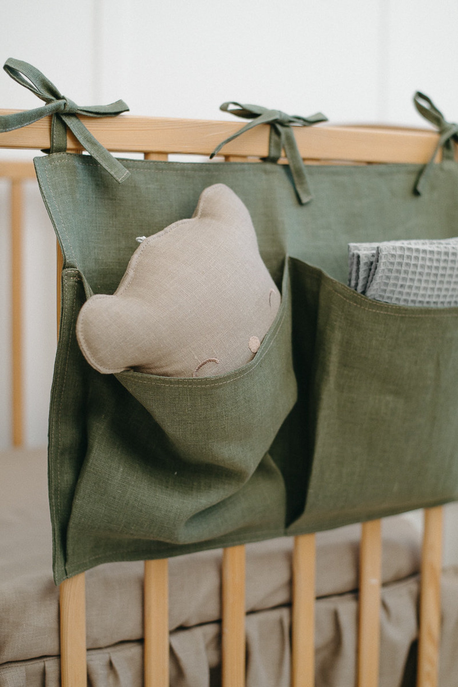 Linen Crib Organizer OLIVE GREEN: Minimalist Baby Crib and Cot Storage ...