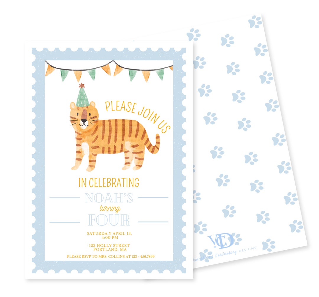 Blue Tiger Printable Invitation | Blue Kids Digital Cards | Editable ...