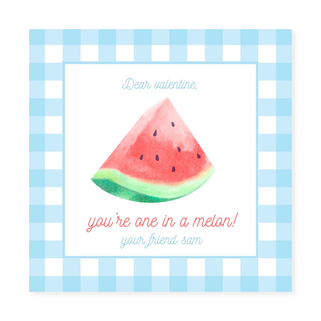 Printable Blue Gingham Watermelon Valentines Fully Customizable Digital ...