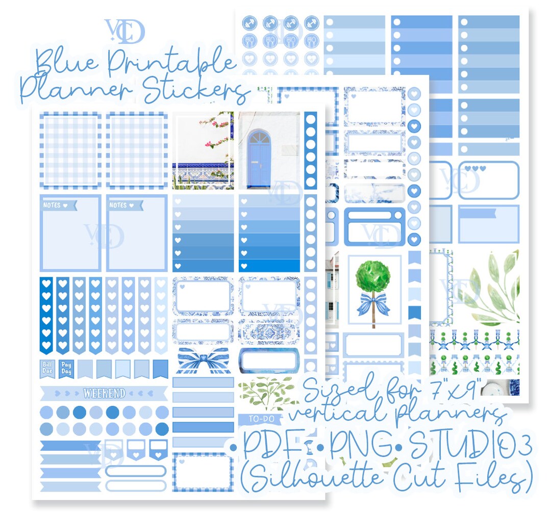 Blue Topiary Grandmillenial Printable Planner Stickers Vertical 7x9 ...
