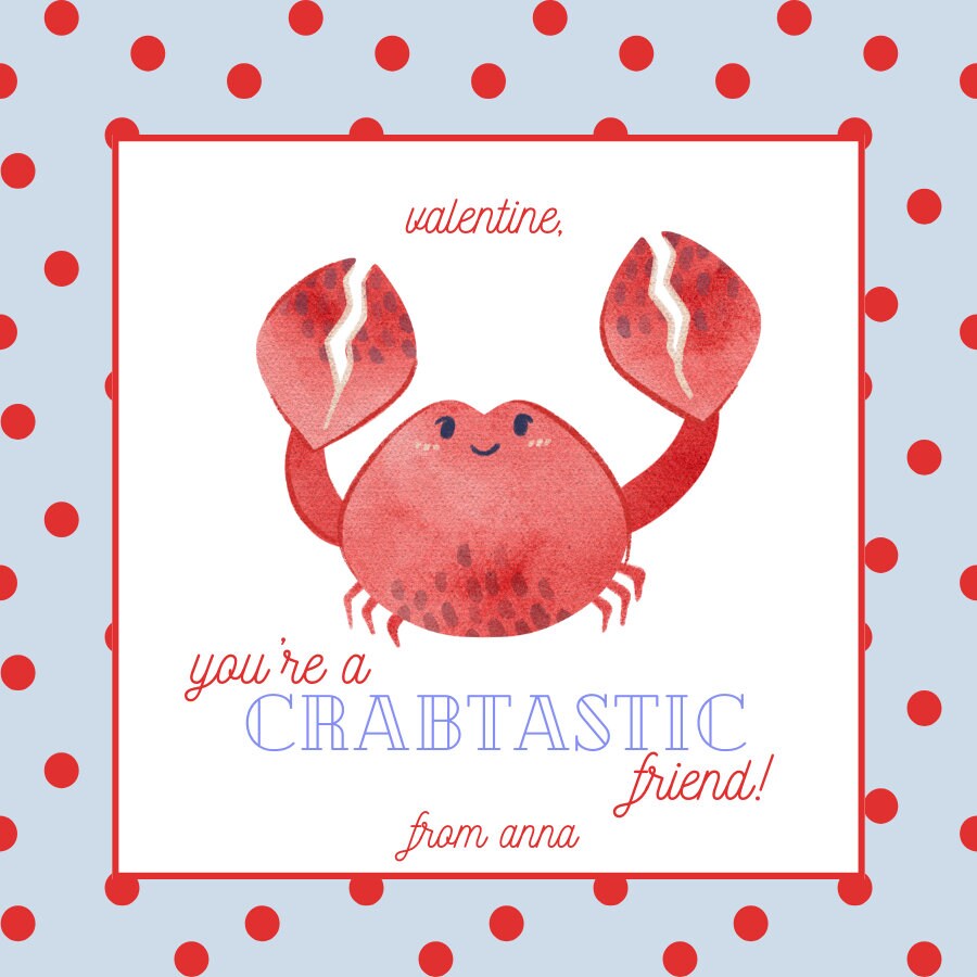 Printable Blue Red Crab Themed Valentines - Crabtastic - Fully ...