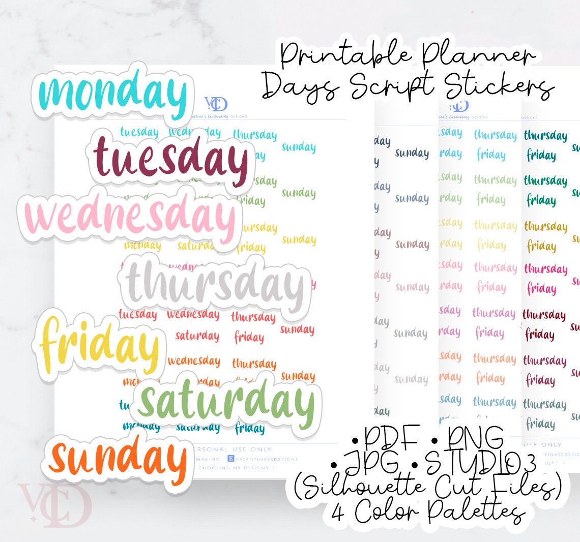 Printable Days of the Week Planner Stickers - Digital Planner Stickers ...