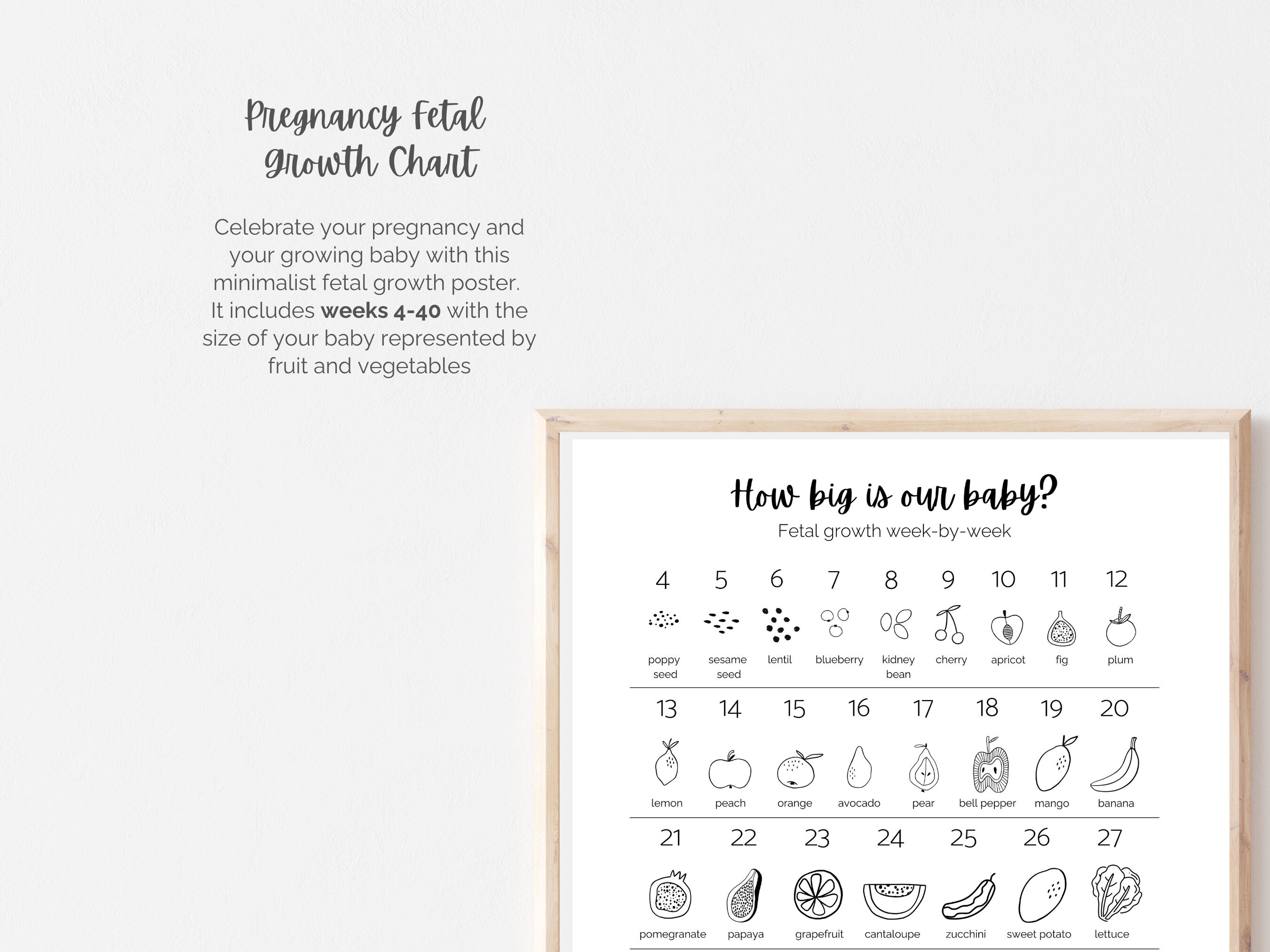 Fetal Growth Chart Poster: Week-by-week, Fruit & Vegetable Theme ...