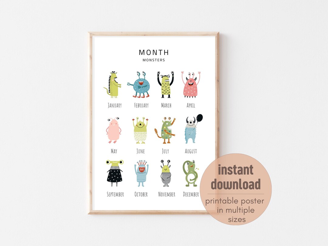 Póster imprimible de los meses del año con temática de monstruos ...
