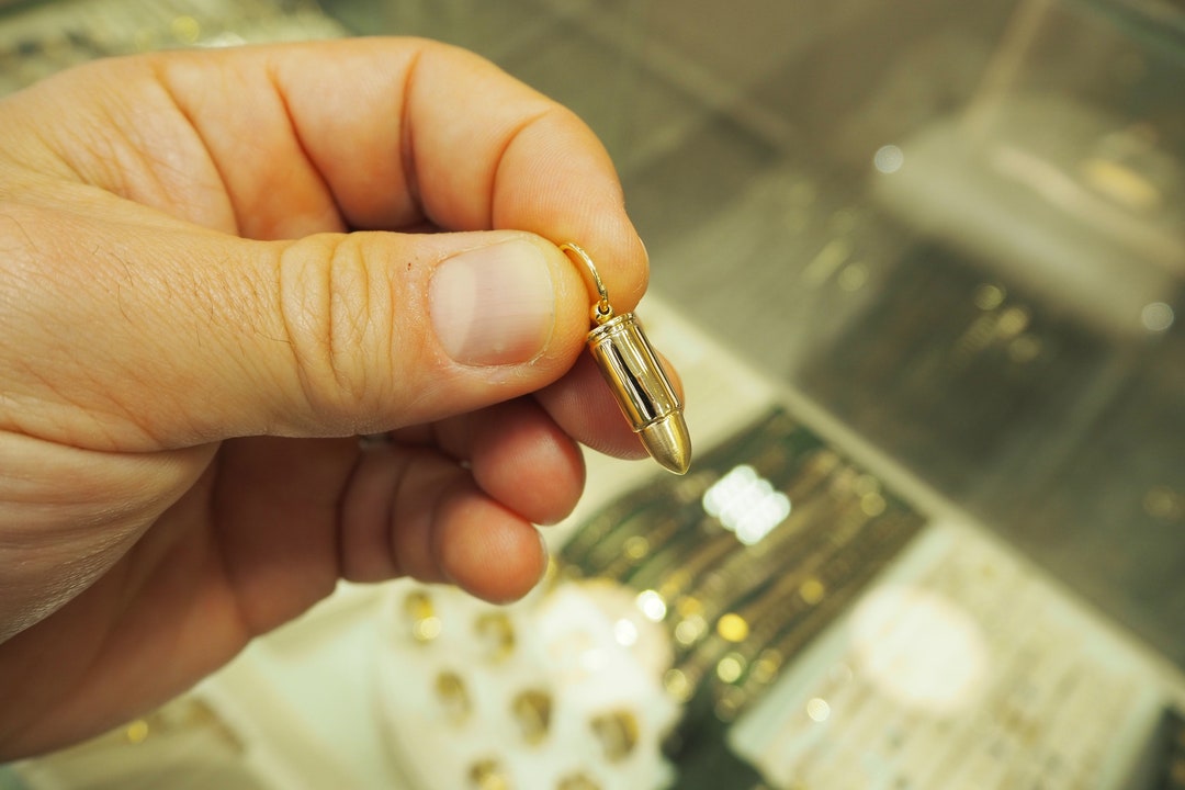14K Solid Gold Bullet Pendant, Gold Magnum Bullet Charm, 45 Magnum ...