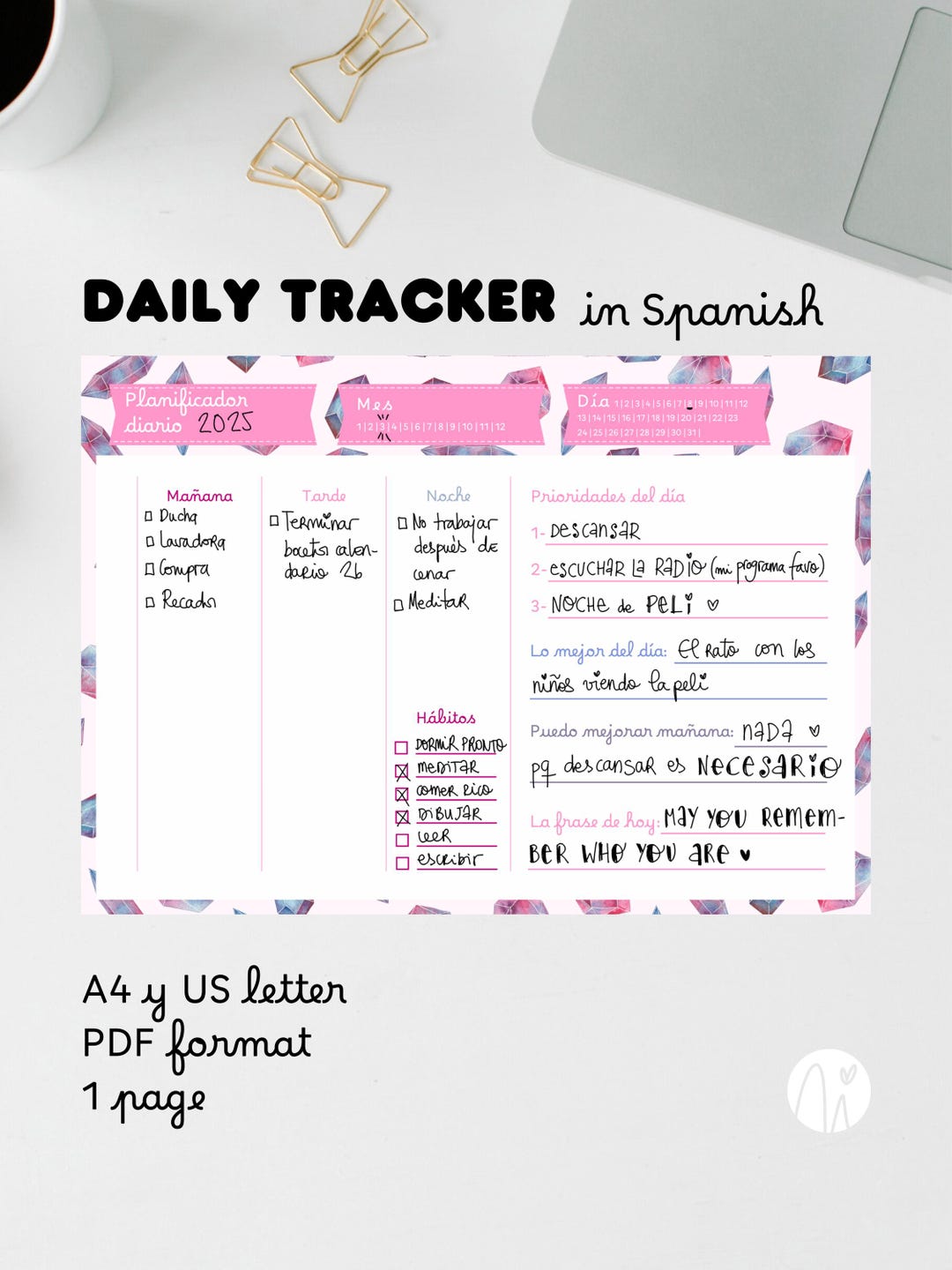 Spanish Daily Planner – Printable PDF in Spanish – 1 Page – A4 & US ...