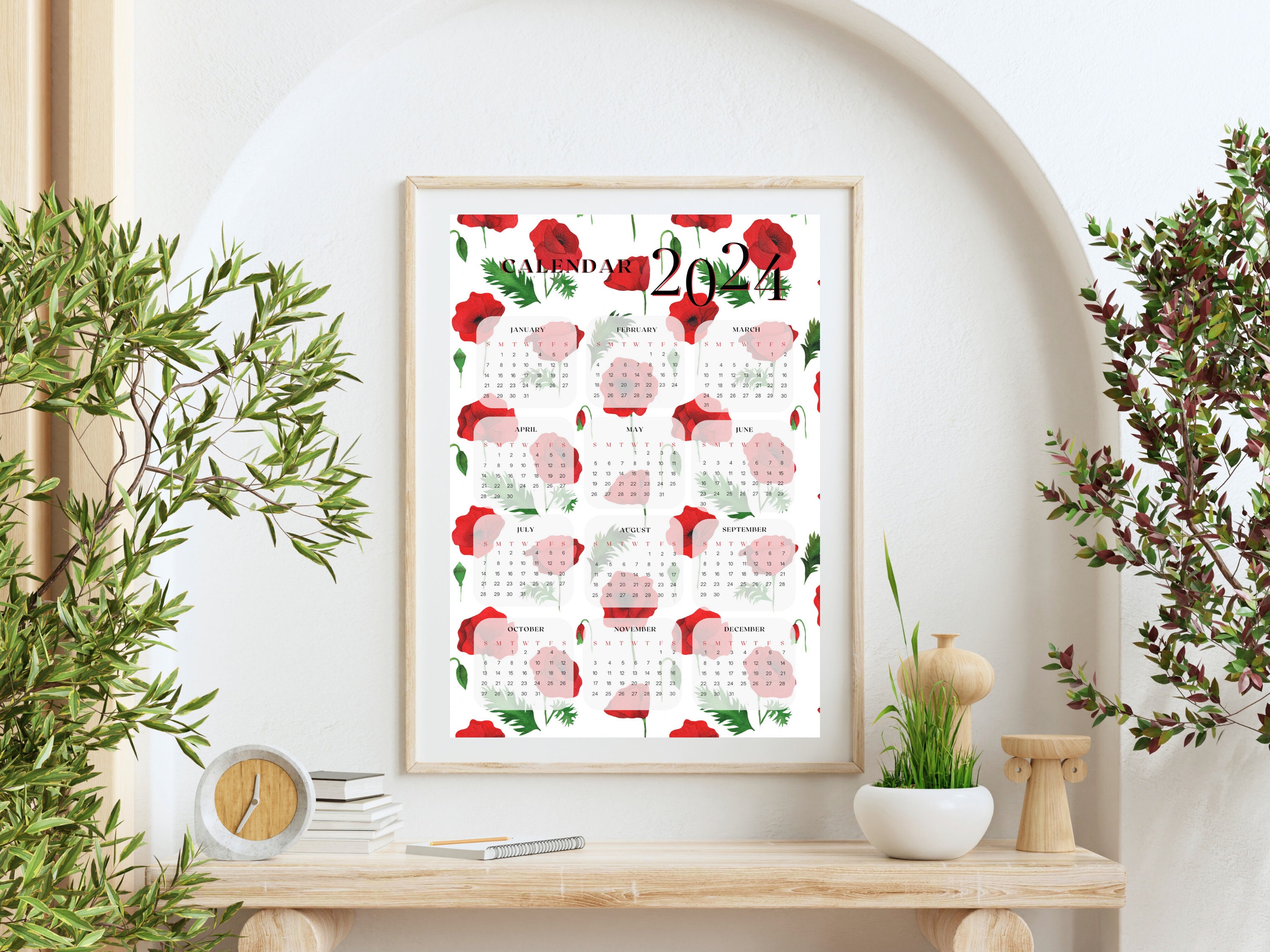 Printable Watercolor Illustrated 2024 One Page Calendar A4 & - Etsy