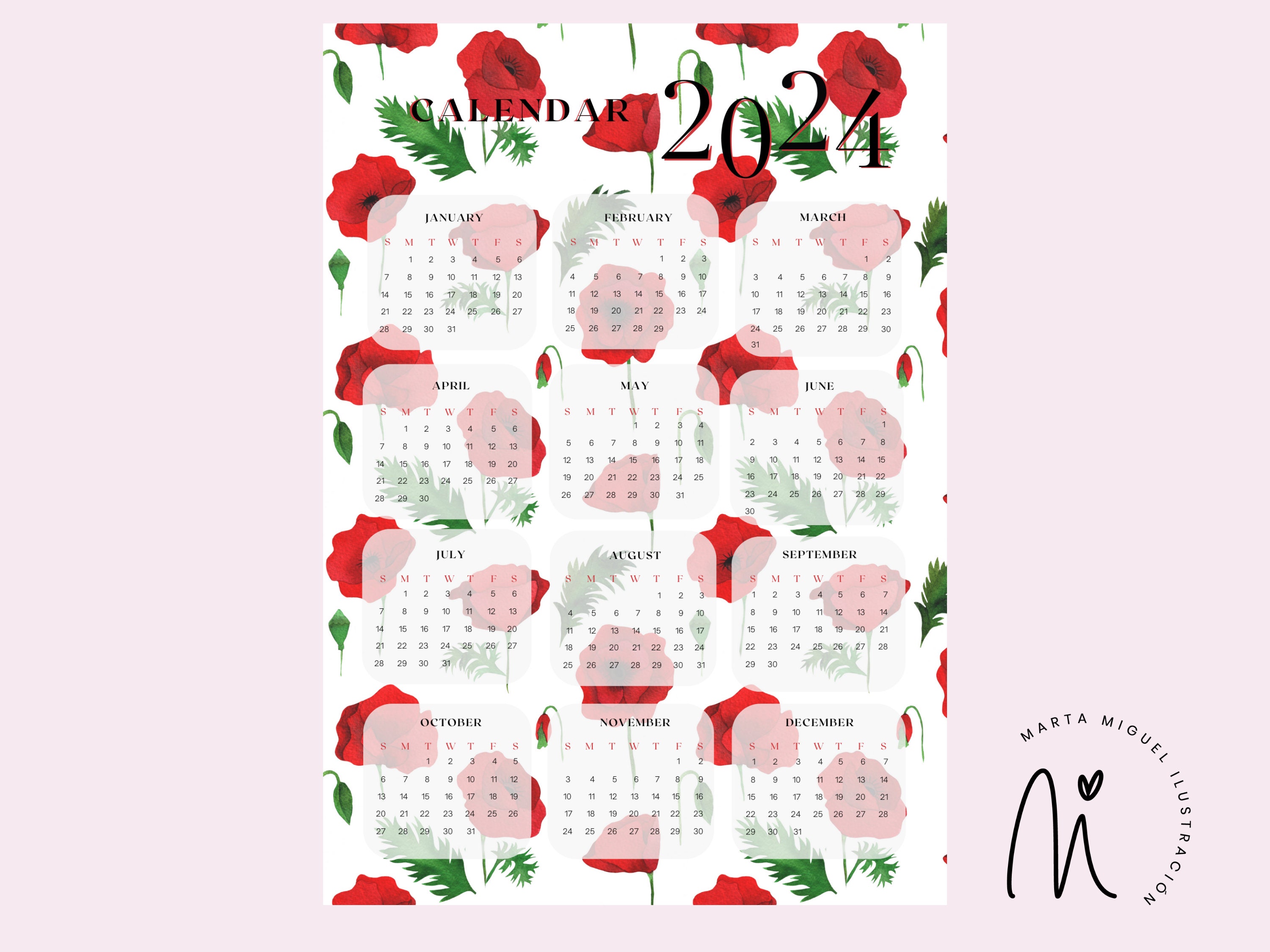 Printable Watercolor Illustrated 2024 One Page Calendar A4 & - Etsy