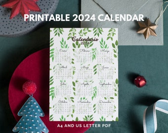 Printable Watercolor Illustrated 2024 One Page Calendar A4 & - Etsy