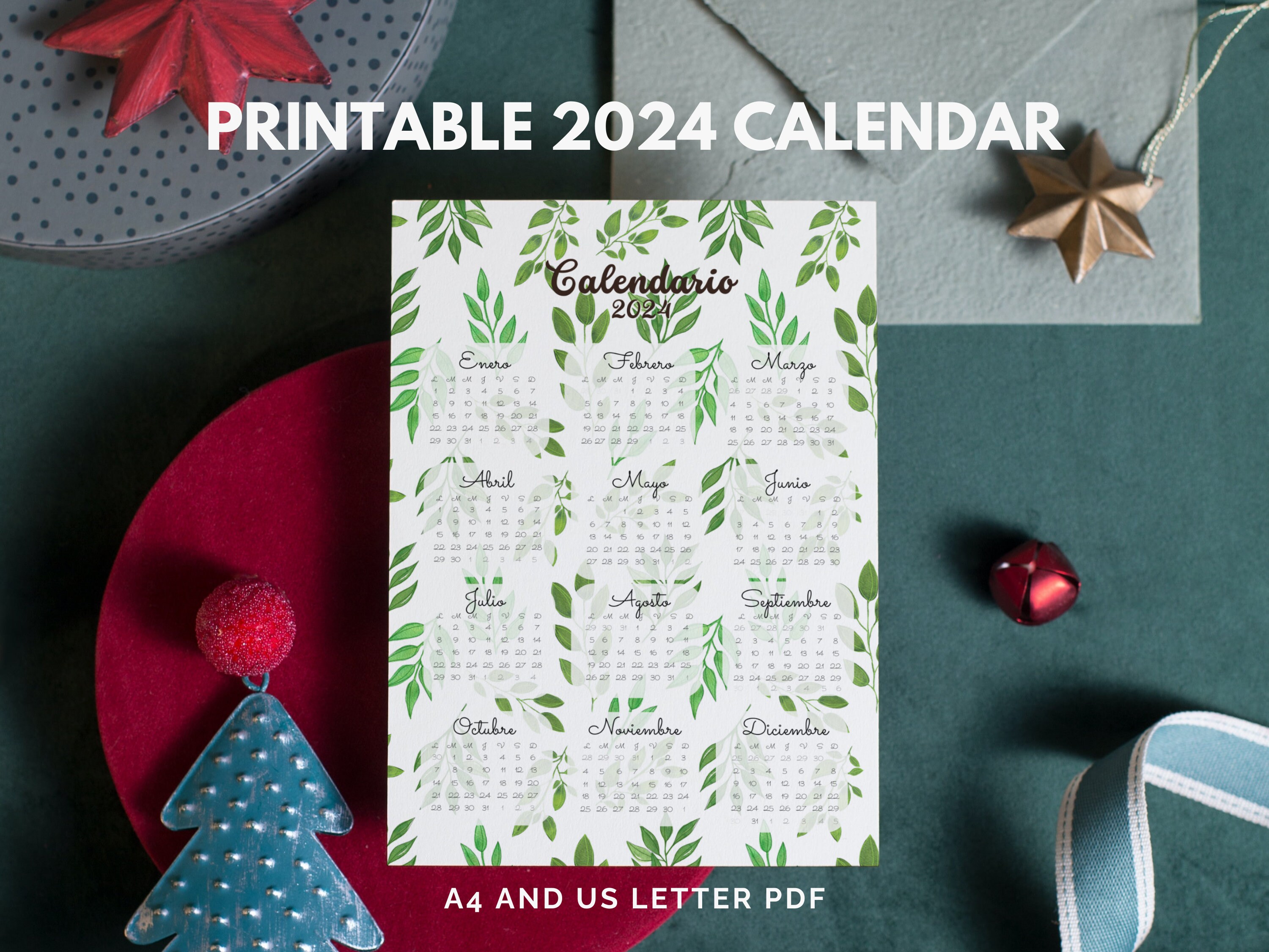 Printable Watercolor Illustrated 2024 One Page Calendar A4 & - Etsy