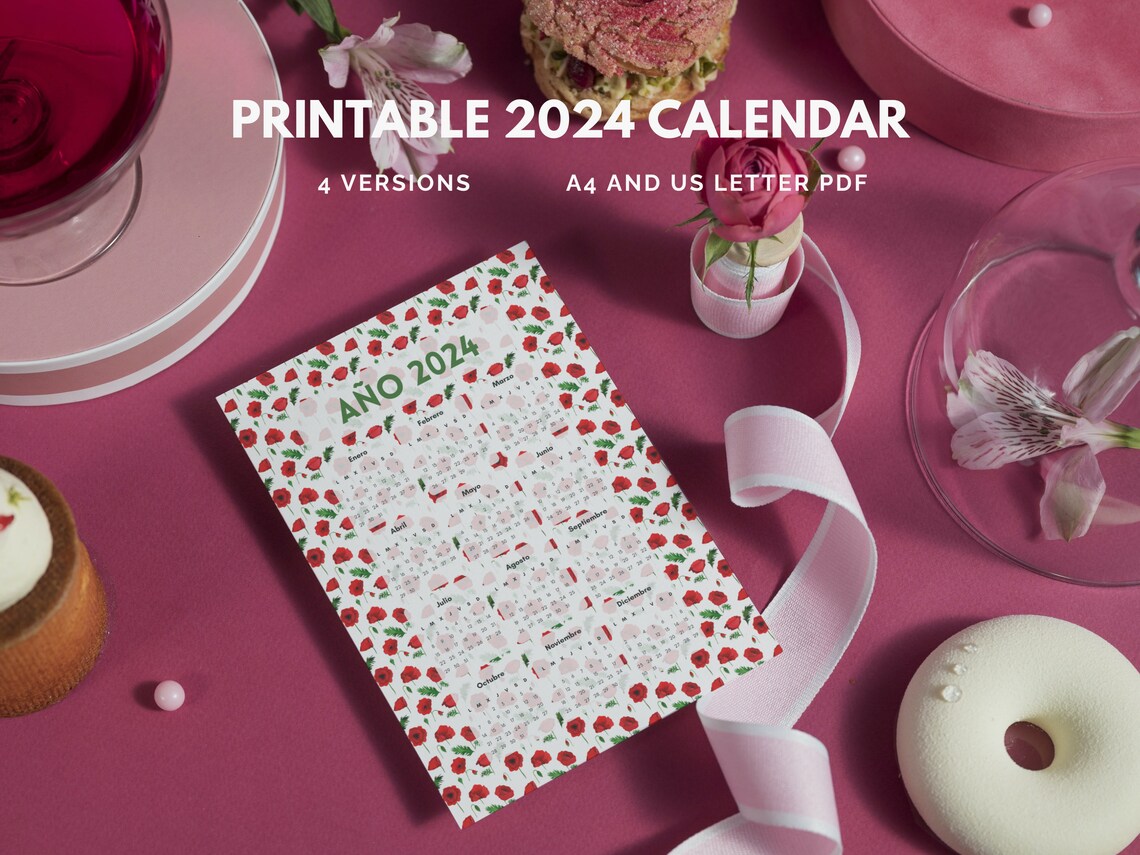 2024 Printable Wall Calendar 2024 One Page Calendar in Spanish A4 & US ...