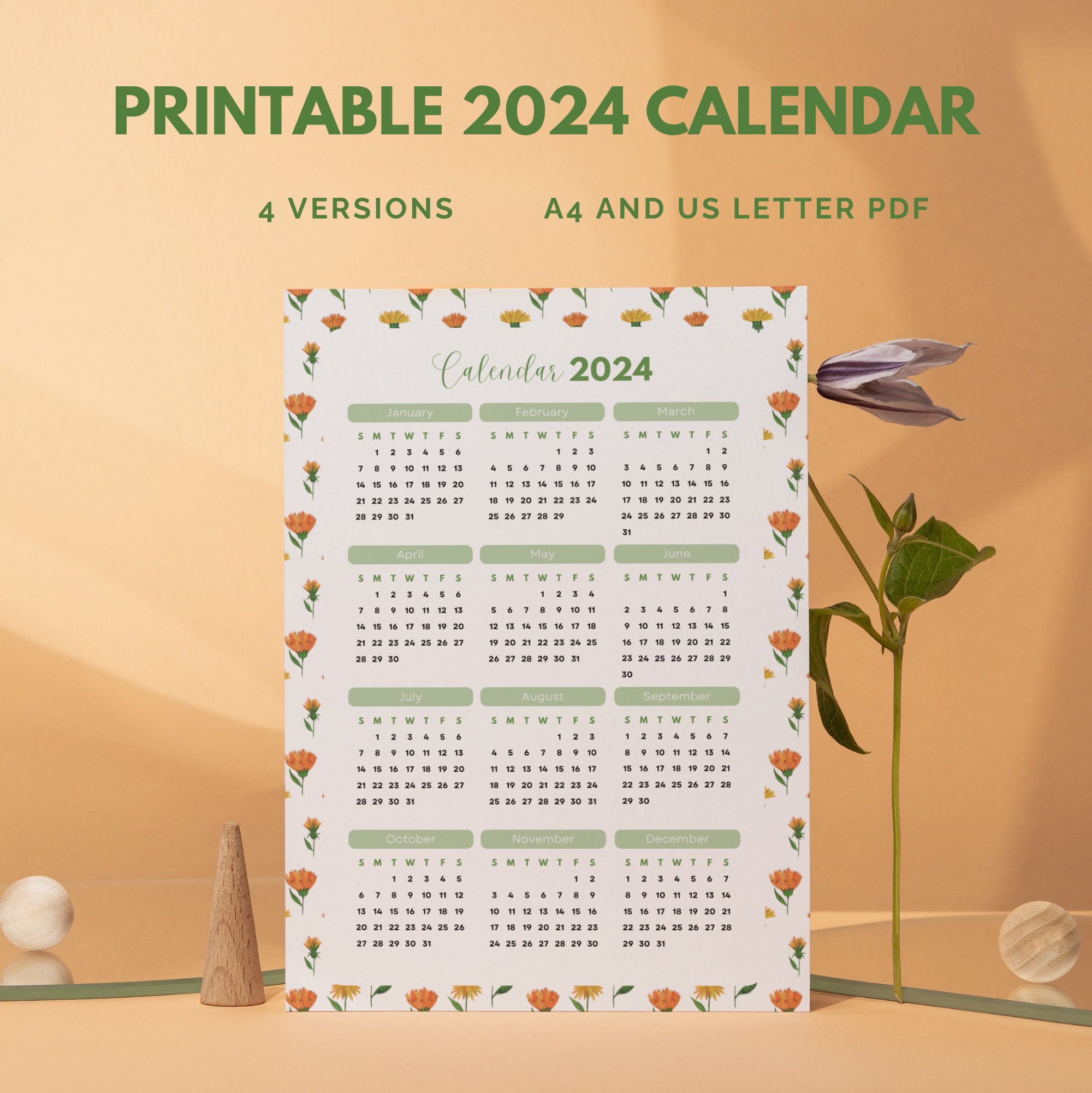 2024 Printable Wall Calendar Stylish Year Calendar A4 & US Letter Sizes ...
