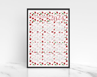 Printable Watercolor Illustrated 2024 One Page Calendar A4 & - Etsy